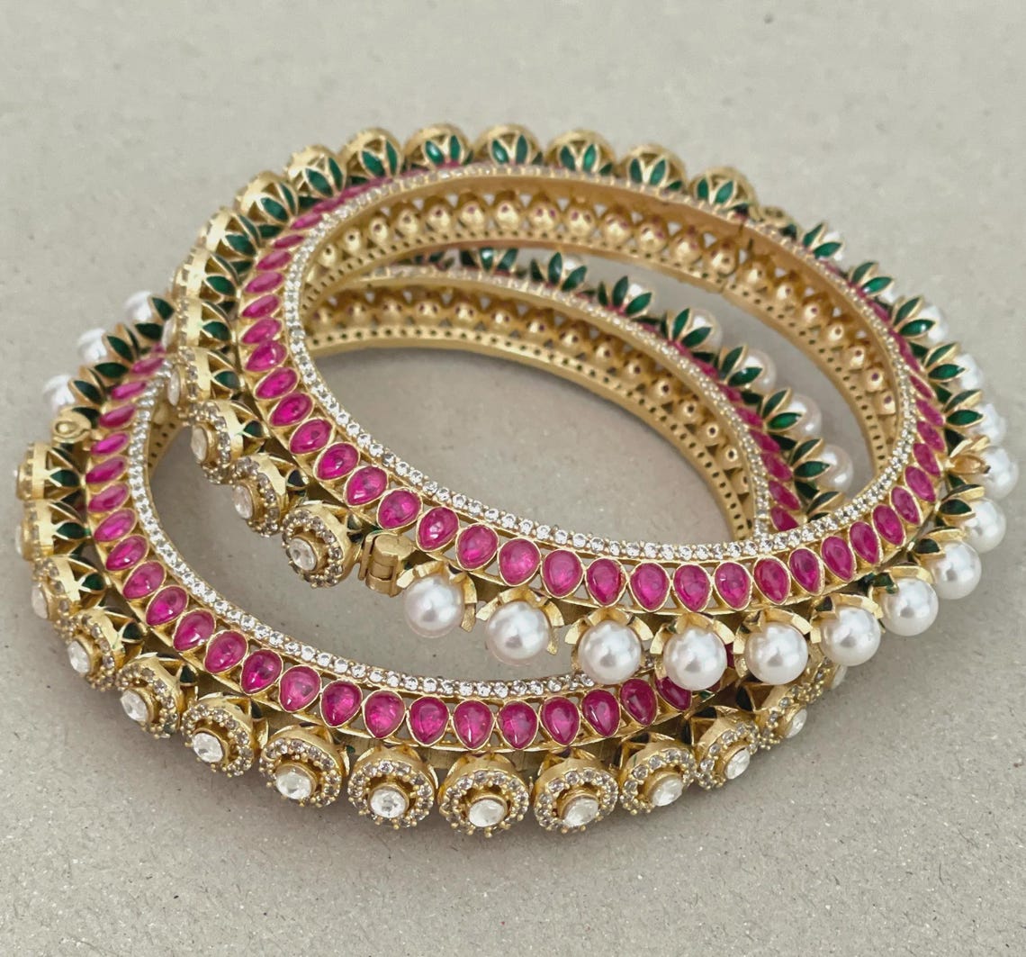 Moissanite Kundan Bangles: Long Pearl Bangles - Etsy