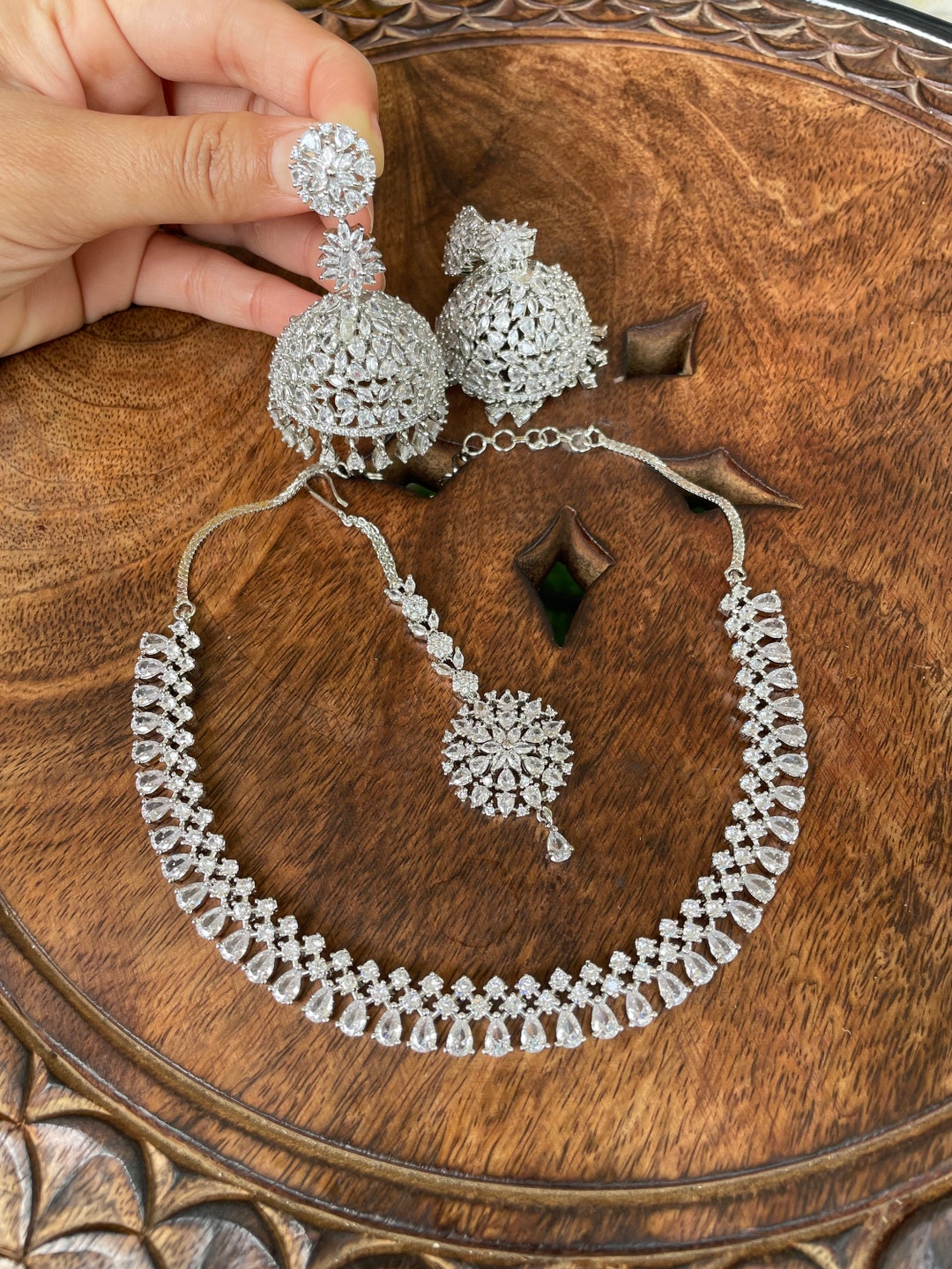 American Diamond Necklace Set Paired With Maangtika and Revolving ...