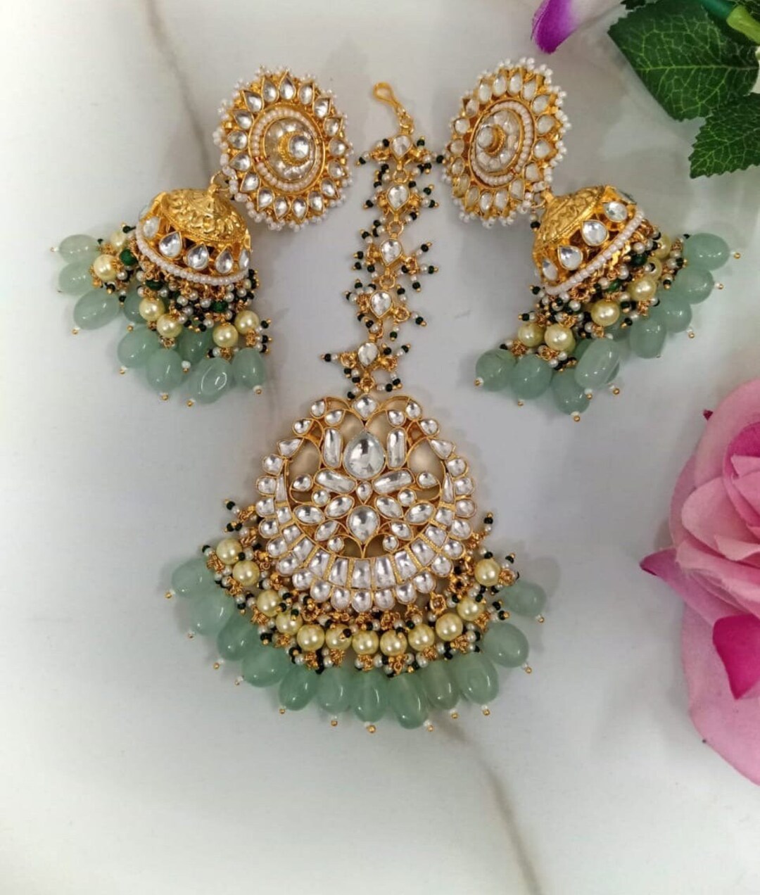 Pachi Kundan Jhumka Mangtika Set - Etsy