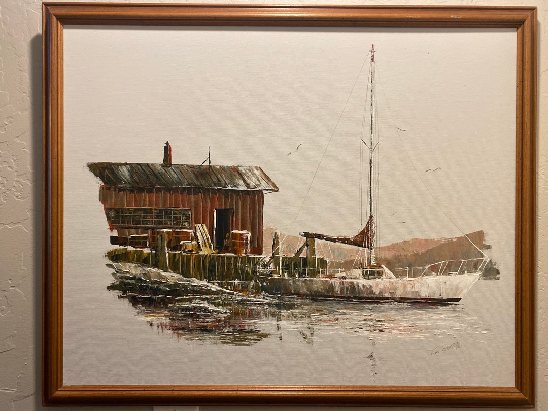 Vintage Original John Gromosiak Boat at Dock Painting Pencil Signed by ...