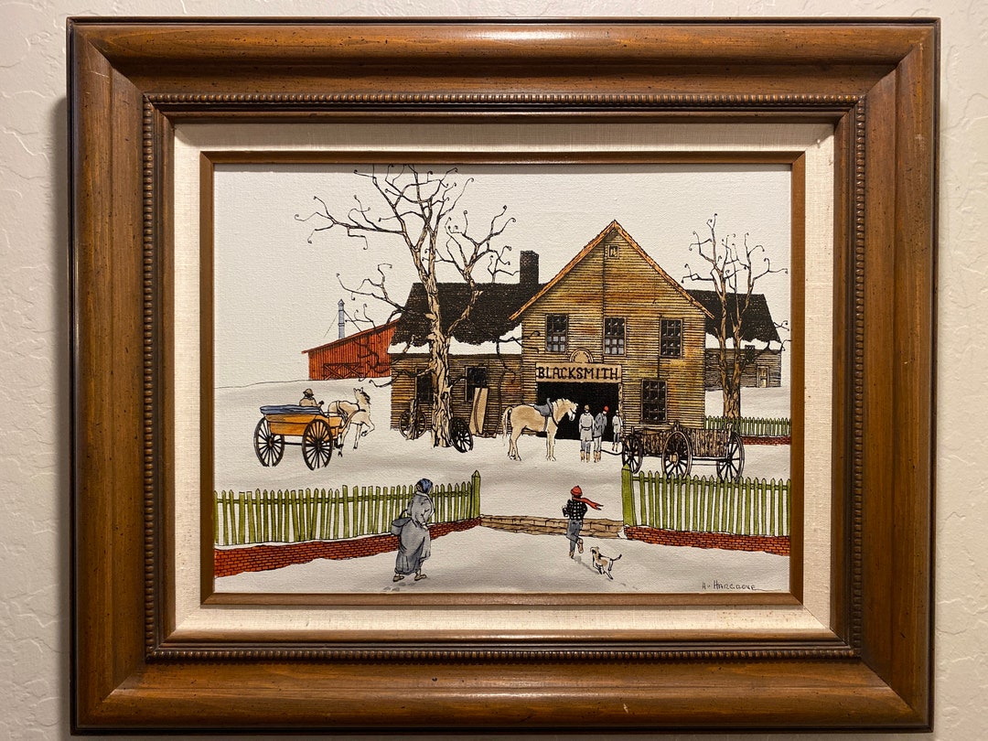 Vintage H. Hargrove Serigraph: Blacksmith Winter Scene, Framed ...