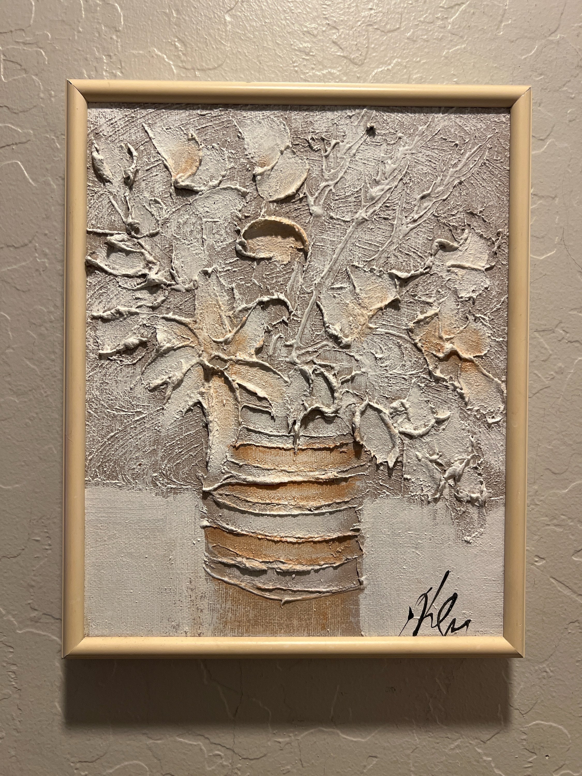Original High Texture Gesso Flowers in Vase Painting on Canvas Signed ...