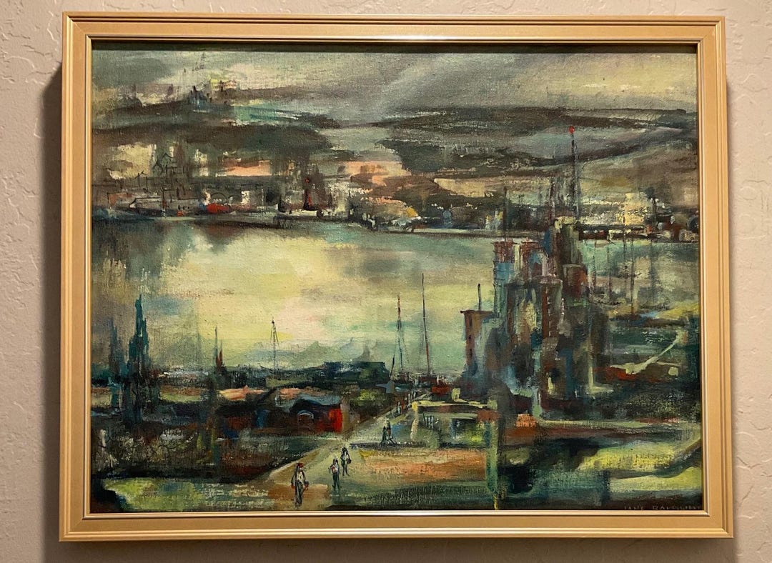 Vintage Original Oil Painting of Harbor Scene Signed by Artist Jane ...