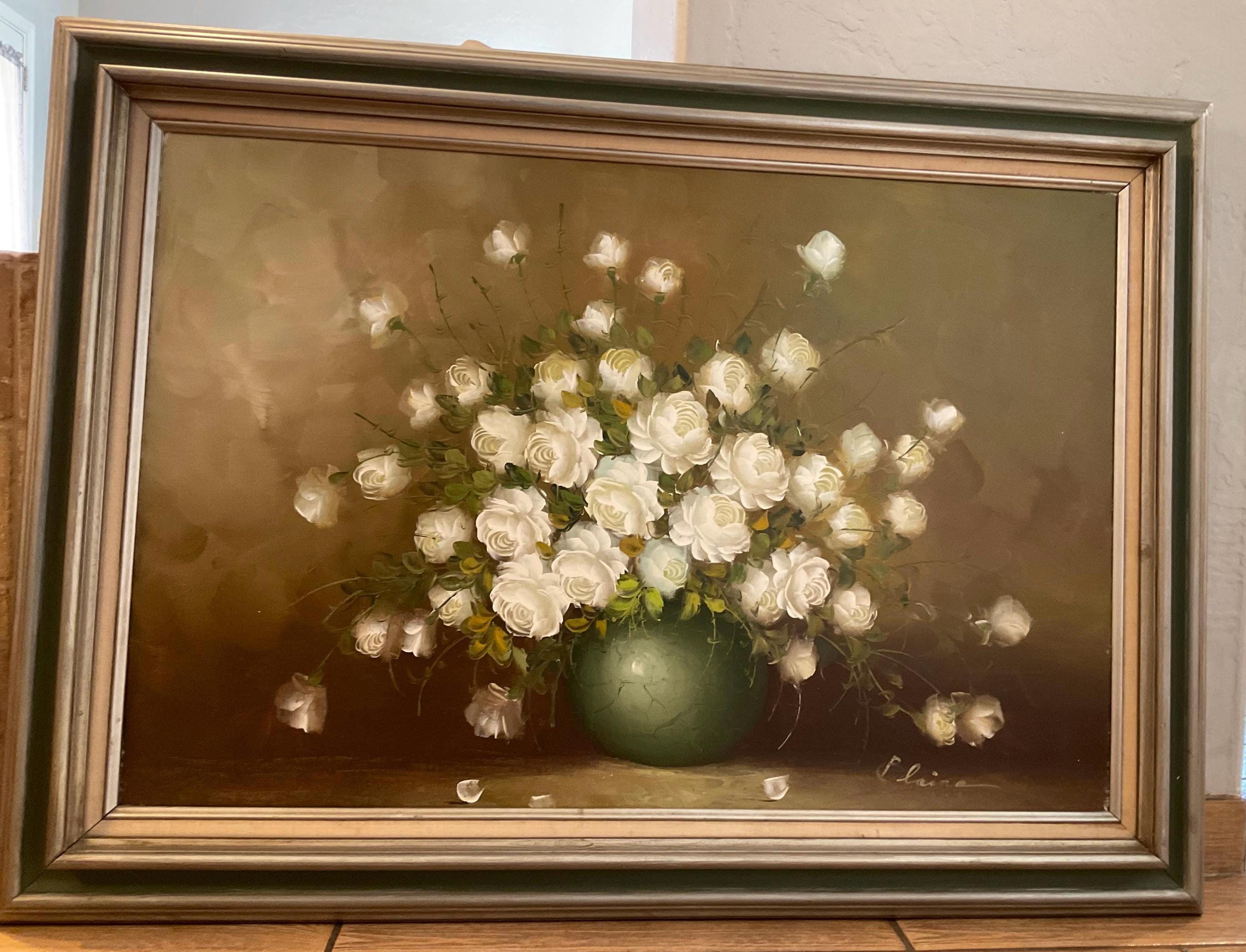 Original Vintage Still Life White Roses Painting Signed by Artist ...