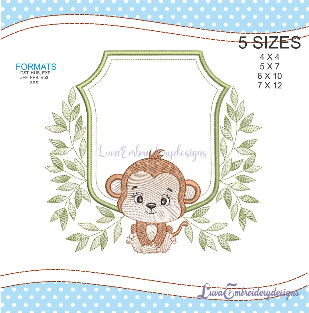 CUTE MONKEY FRAME, Rippled Embroidery Design, Safari Embroidery Machine ...