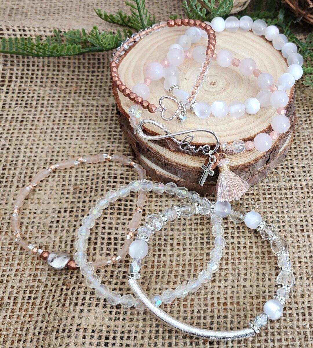 Rosy Pink 6pc Silver Bar Bracelet Set Rose Quartz, TOHO Bara Rose ...