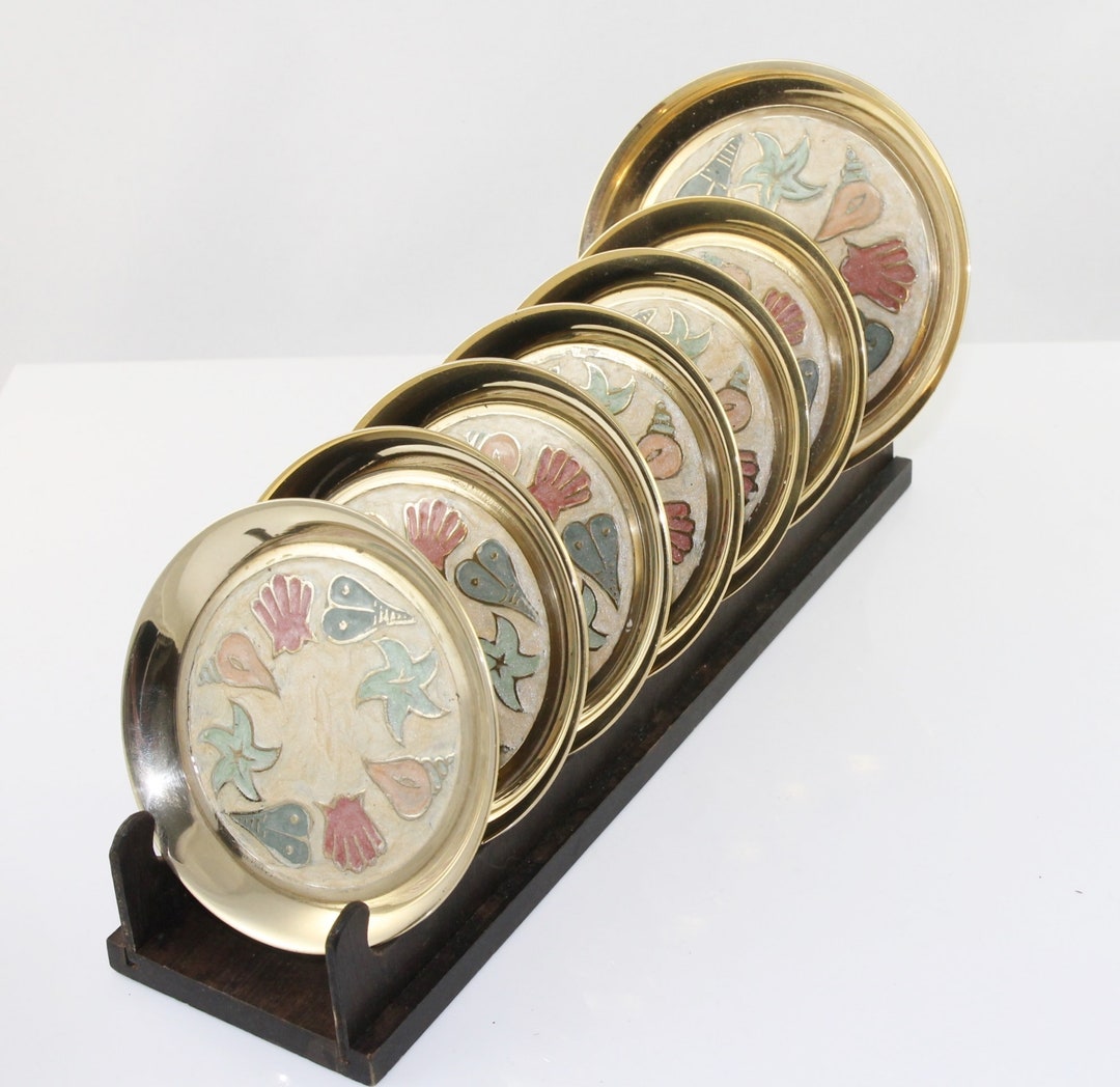 Vintage Brass Enamel Barset/coasters - Etsy