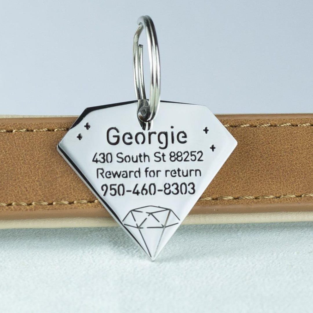 Chrome Diamond Dog ID Tag, Custom Dog Tag, Diamond Shape Dog Name Tag ...