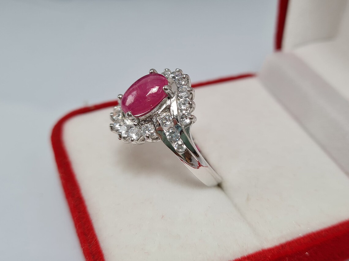 Natural Red Ruby Ring, 925 Sterling Silver Ring, Genuine Ruby & Zircon Gemstone Rings, White ...