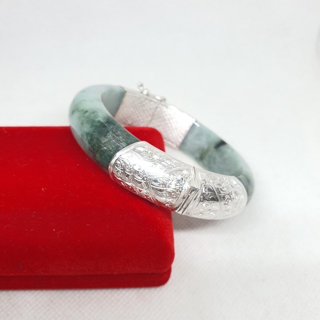 Rare Jade Bangle Carving 925 Silver Genuine Burmese Green - Etsy
