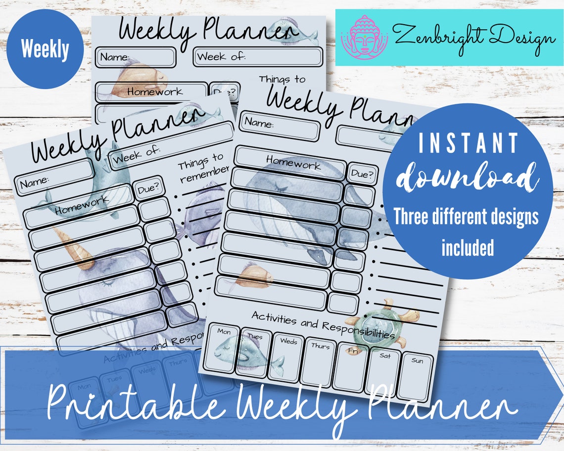 Kids Weekly School Planner Printable, Kids Homework Planner, Instant ...