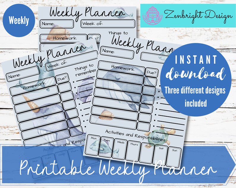 Kids Weekly School Planner Printable, Kids Homework Planner, Instant ...