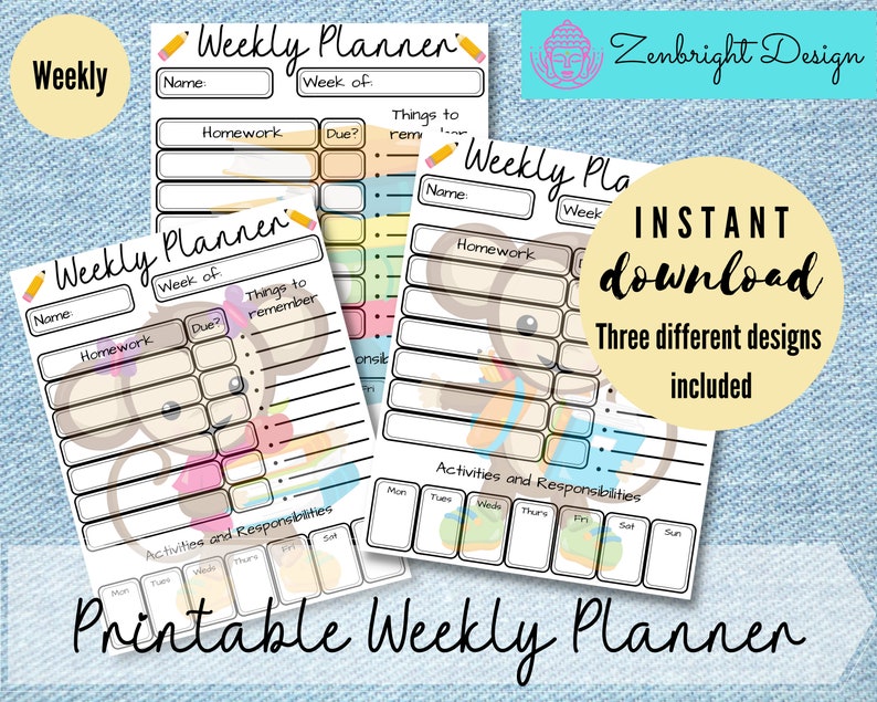 Kids Weekly School Planner Printable, Instant Download, Elementary ...