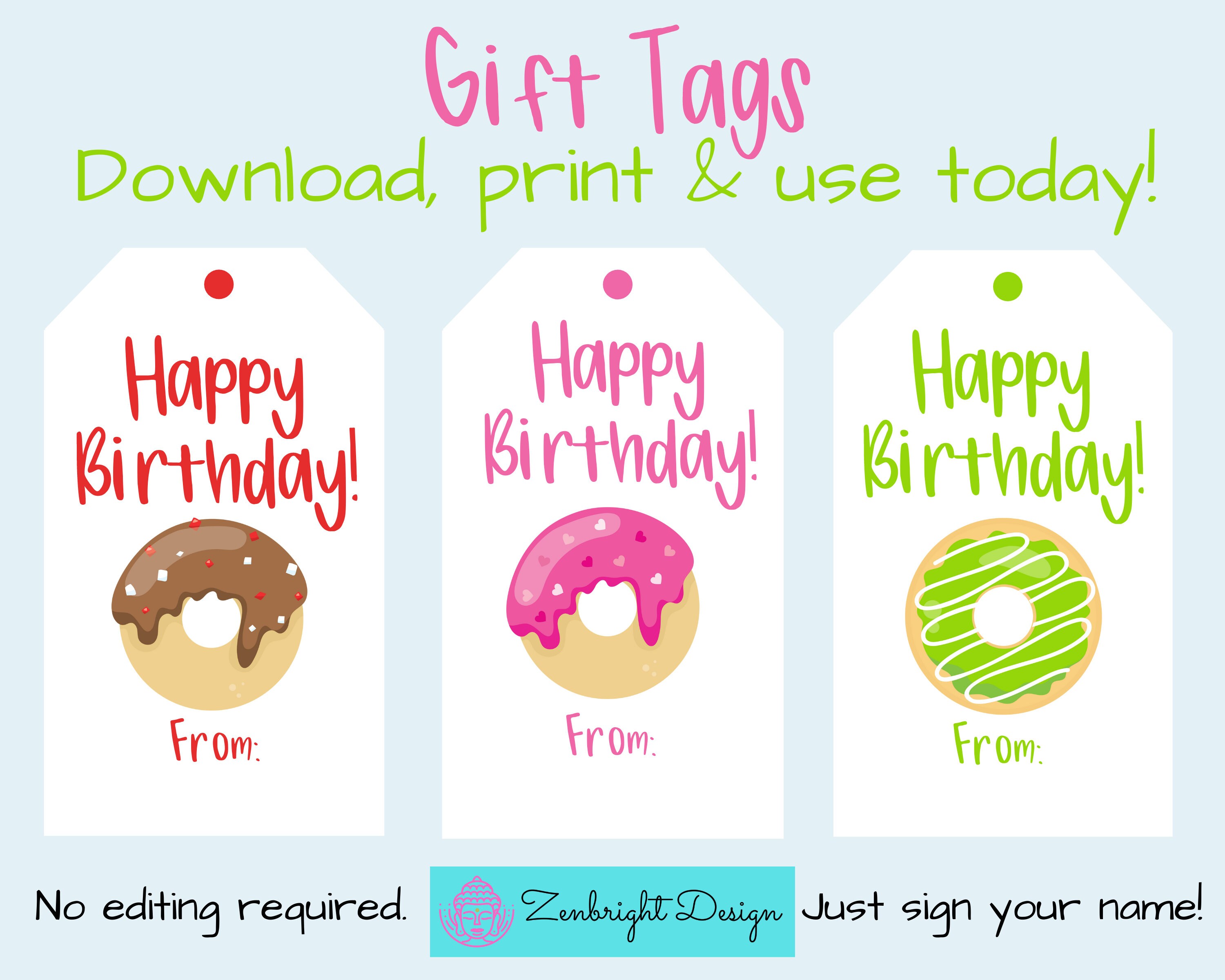 Donuts Gift Tags, Kids Happy Birthday Gift Tags, Donuts, Instant ...