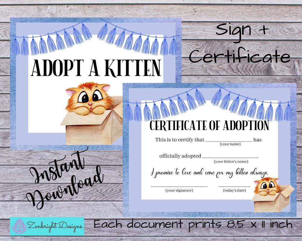 Adopt a Kitten Sign, Certificate of Adoption, Instant Download, Blue ...