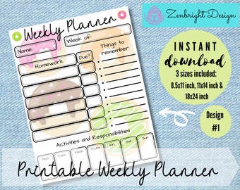 Kids Weekly School Planner Printable, Kids Homework Planner, Instant ...