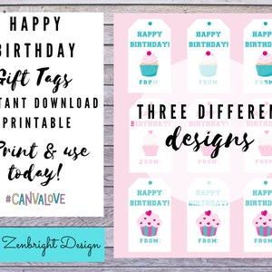 Cupcake Gift Tags, Kids Happy Birthday Gift Tags, Printable Birthday ...
