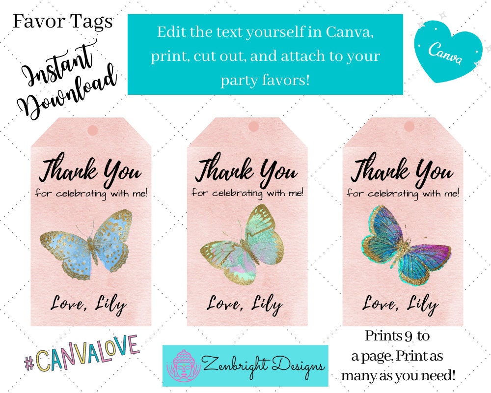 Editable Butterfly Favor Tags, Girls Butterfly Birthday Party, Goodie ...