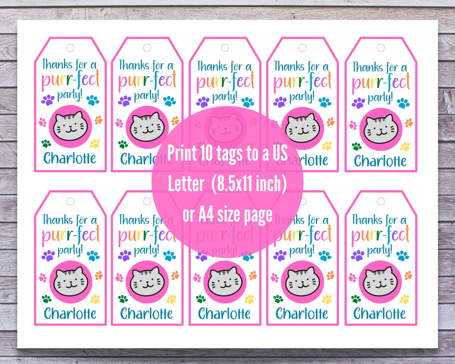 Cat Party Favor Tags, Cat Birthday, Kawaii Kitten Favor Tags, Editable ...