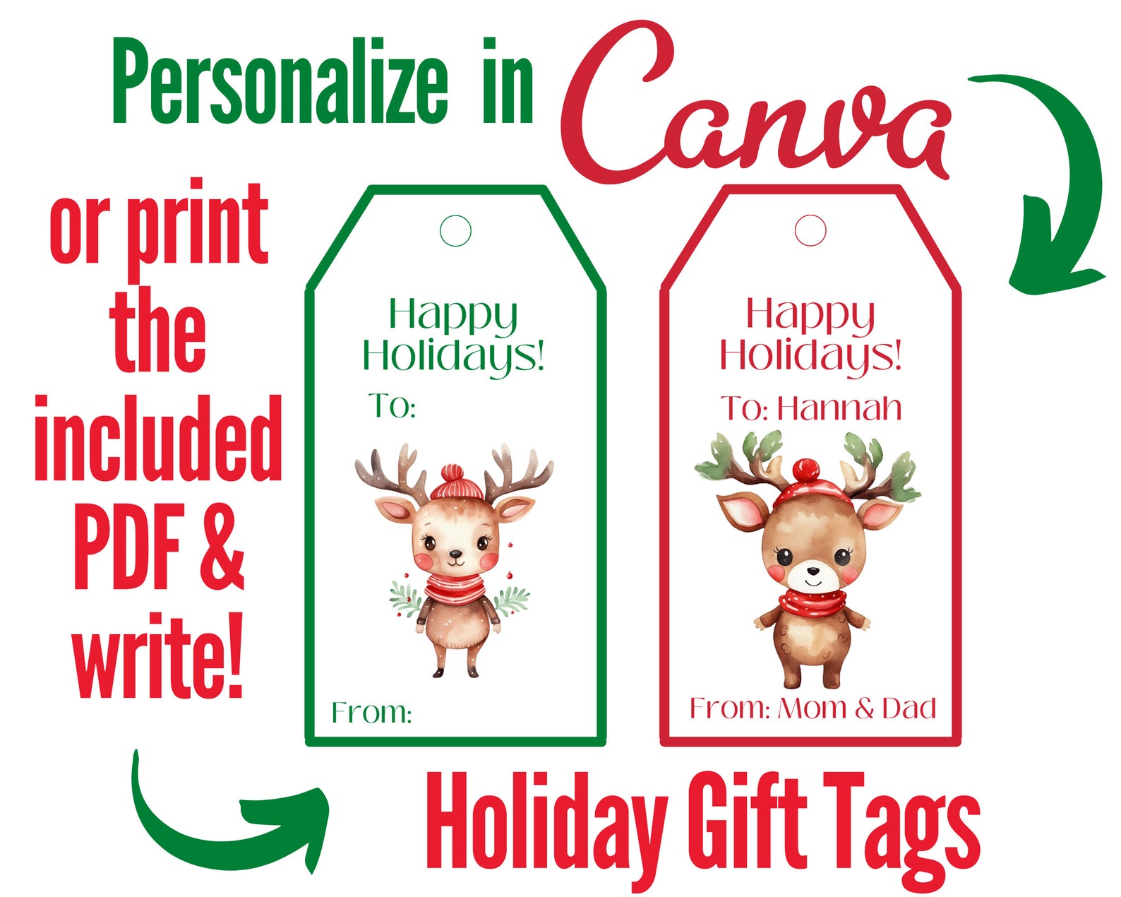 Christmas Gift Tags, Reindeer Gift Tags, Editable Gift Tags, Printable ...