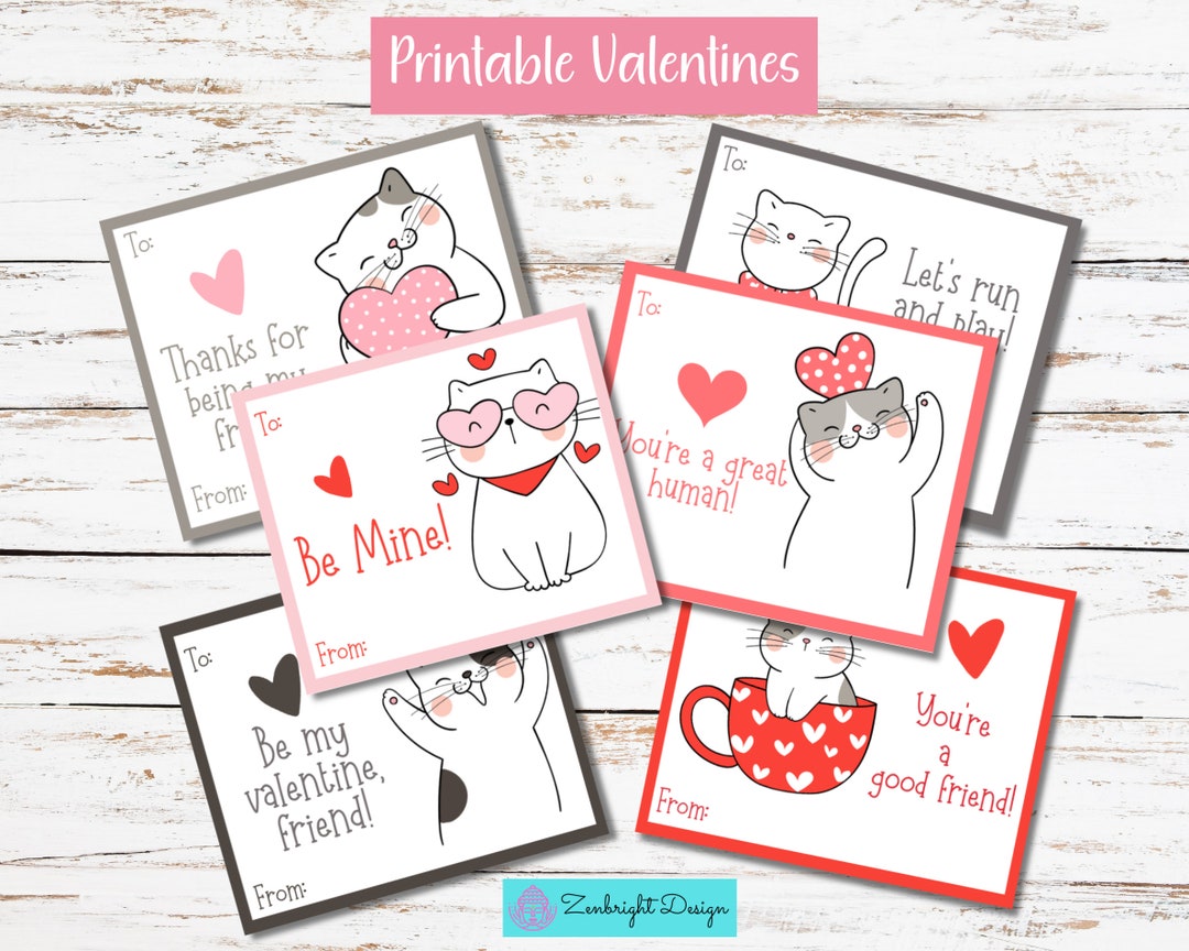 Kids Valentines, Printable Valentines, Cat Valentine's Day Cards, Cat ...