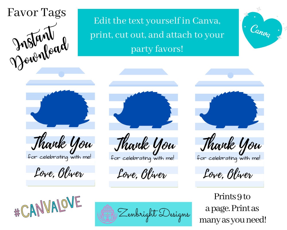 Editable Hedgehog Favor Tags, Boys Hedgehog Birthday Party, Kid's Party ...