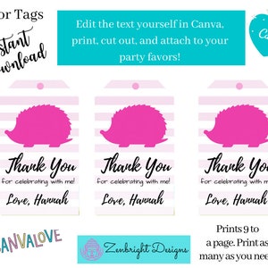 Editable Hedgehog Favor Tags, Girls Pink Hedgehog Birthday Party ...