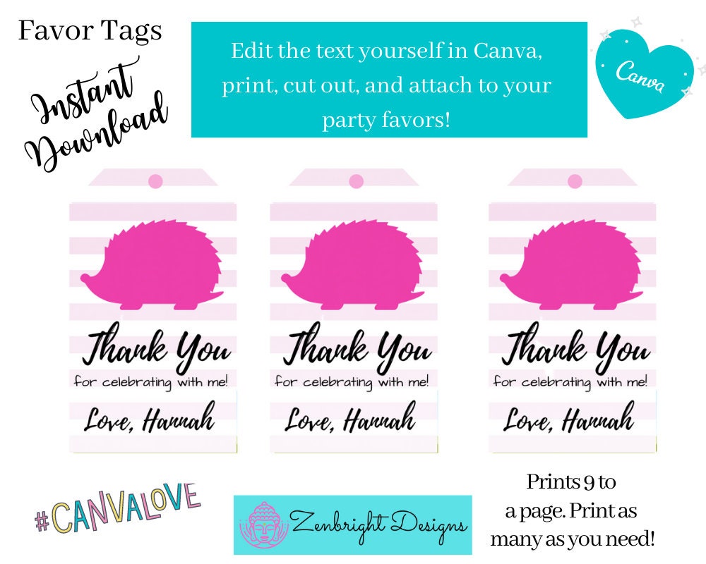Editable Hedgehog Favor Tags, Girls Pink Hedgehog Birthday Party ...