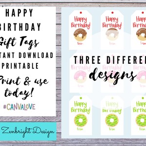 Donuts Gift Tags, Kids Happy Birthday Gift Tags, Donuts, Instant ...