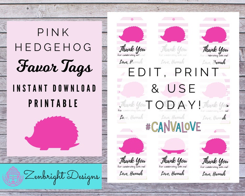 Editable Hedgehog Favor Tags, Girls Pink Hedgehog Birthday Party ...