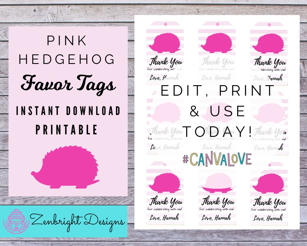 Editable Hedgehog Favor Tags, Girls Pink Hedgehog Birthday Party ...