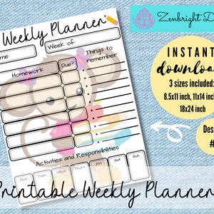 Kids Weekly School Planner Printable, Instant Download, Elementary ...