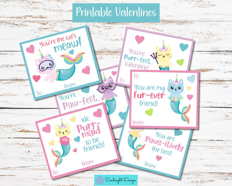 Kids Valentines, Mermaid Cat Valentine Cards, Printable Valentines ...