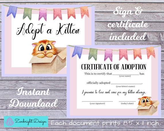 Adopt a Kitten Sign Certificate of Adoption Instant | Etsy