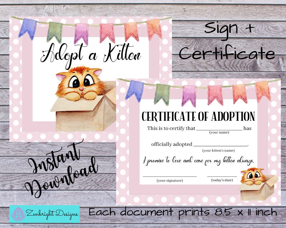Adopt a Kitten Sign, Certificate of Adoption, Instant Download, Pink ...