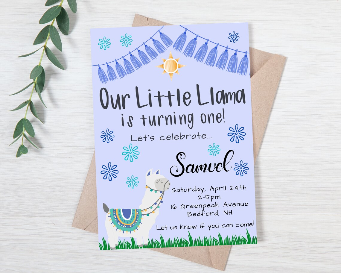 Editable Llama Birthday Party Invitation, Blue Llama Birthday Party ...
