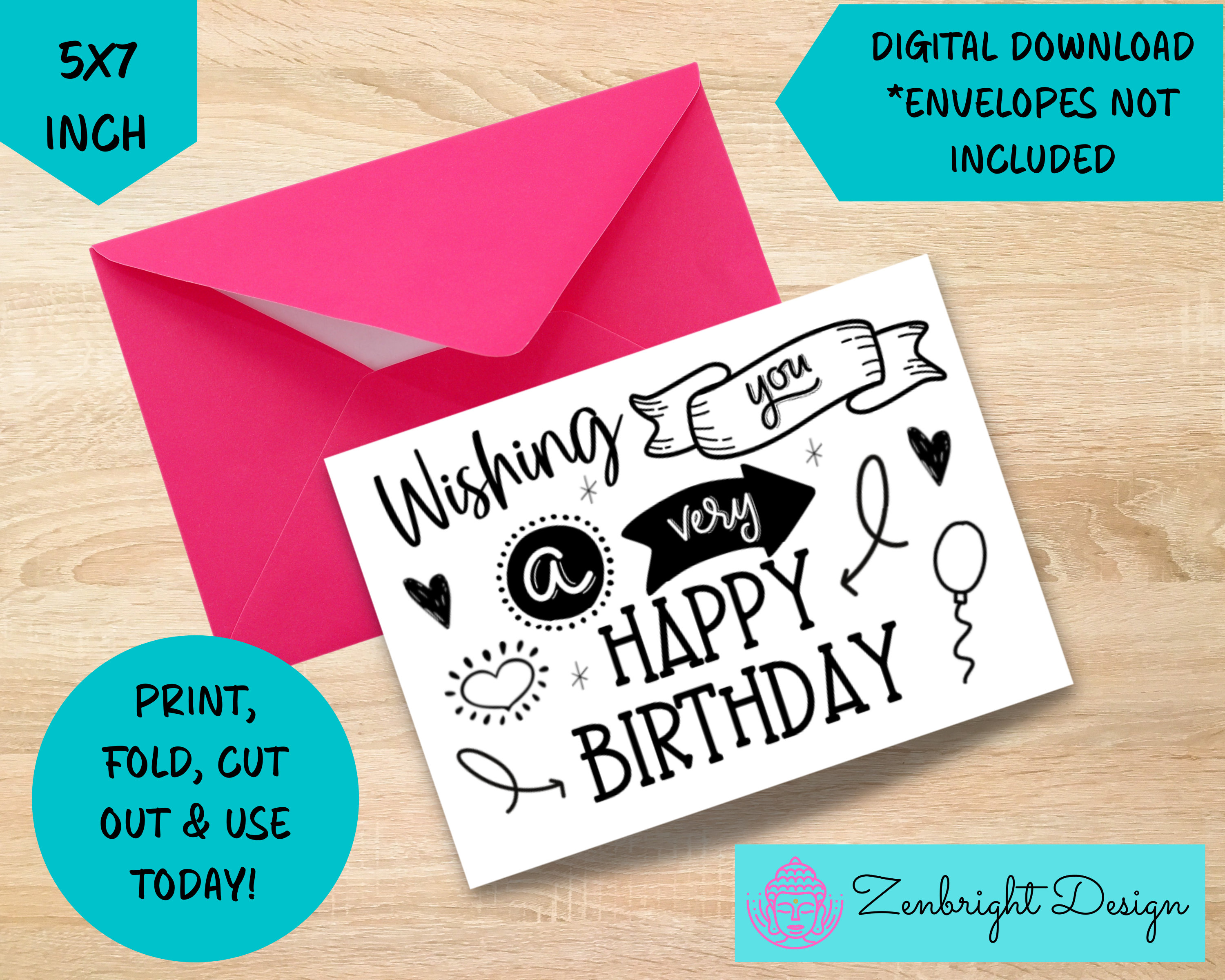 Printable Birthday Cards, Set of 4 Printable Birthday Cards, Happy ...