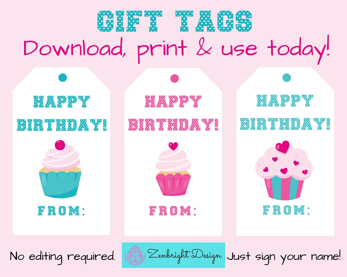 Cupcake Gift Tags, Kids Happy Birthday Gift Tags, Printable Birthday ...
