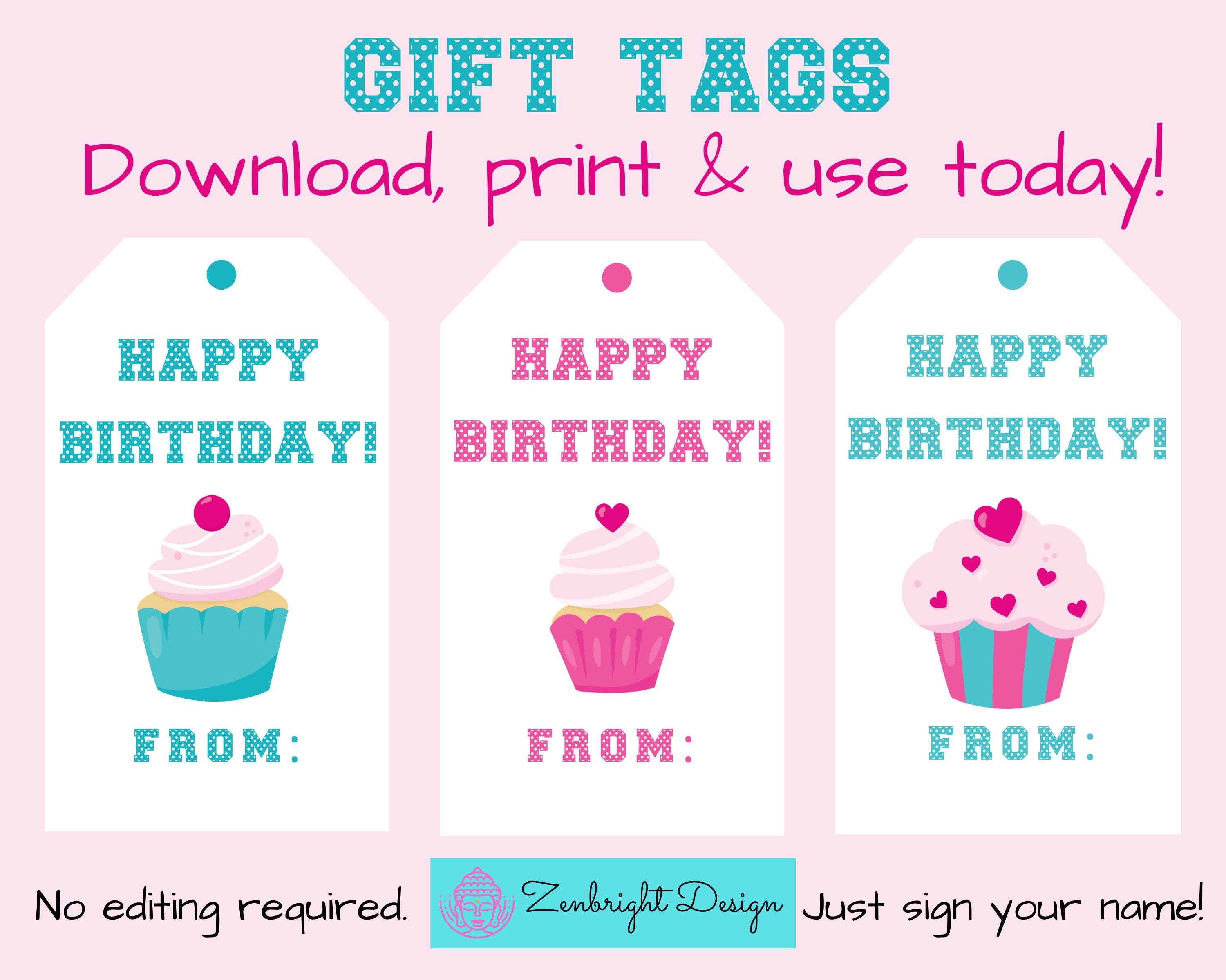 Cupcake Gift Tags, Kids Happy Birthday Gift Tags, Printable Birthday ...