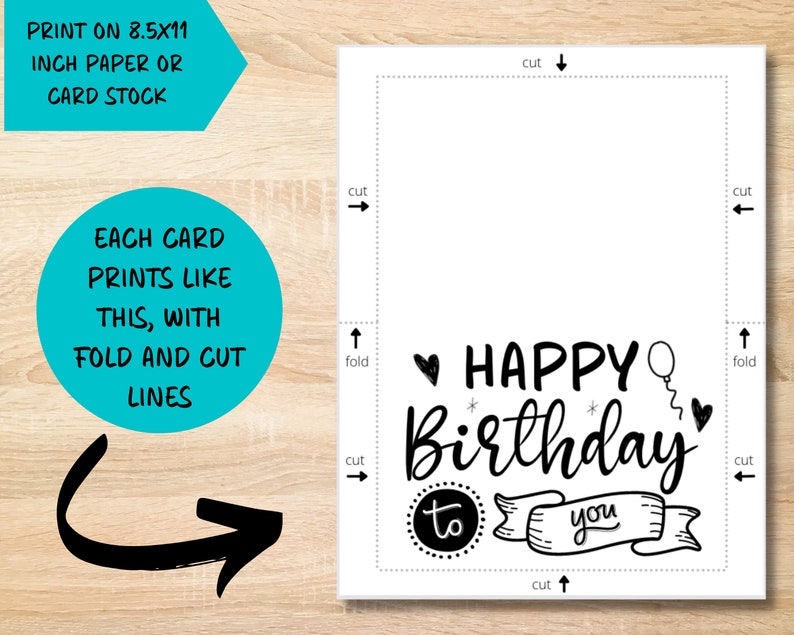 Printable Birthday Cards, Set of 4 Printable Birthday Cards, Happy ...
