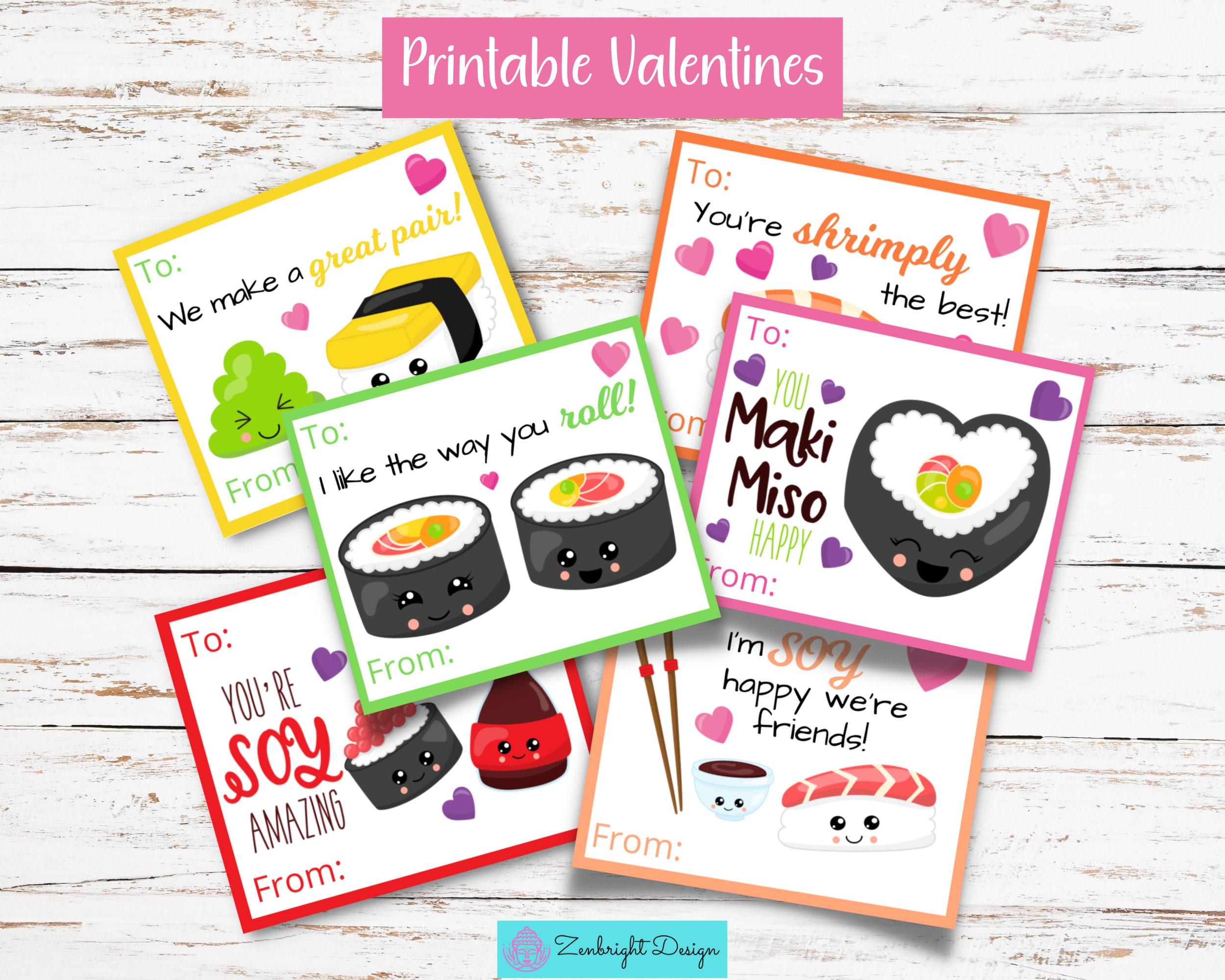 Kawaii Sushi Valentines Cards for Kids, Printable School Valentines ...