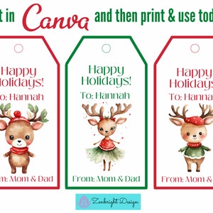 Christmas Gift Tags, Reindeer Gift Tags, Editable Gift Tags, Printable ...