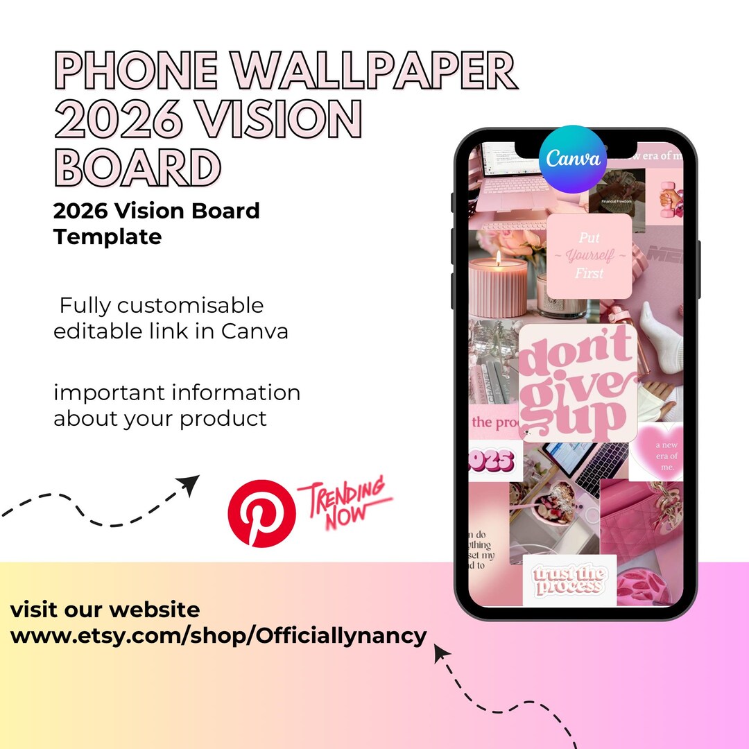 2026 Pretty Pink Vision Board Canva Editable iPhone Wallpaper Digital ...