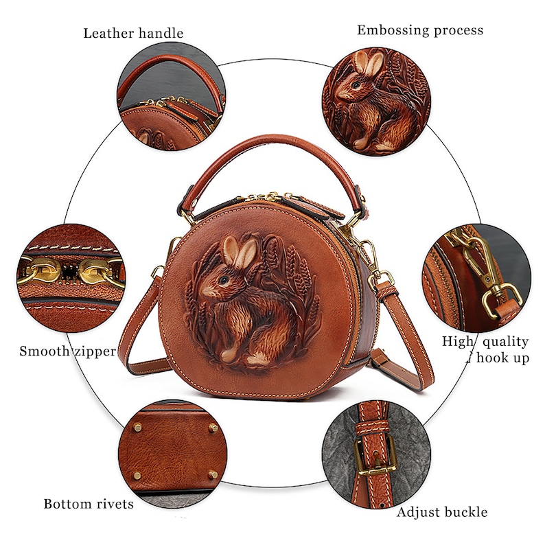 Embossed Rabbit Handbag, Genuine Leather Small Round Bag, Women ...