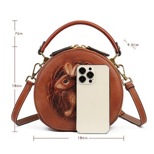 Embossed Rabbit Handbag, Genuine Leather Small Round Bag, Women ...