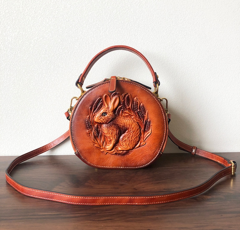 Embossed Rabbit Handbag, Genuine Leather Small Round Bag, Women ...