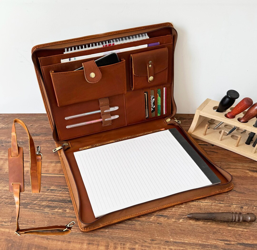 Custom Leather Portfolio, Leather Portfolio With Strap, Retro Padfolio ...