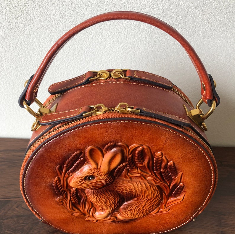 Embossed Rabbit Handbag, Genuine Leather Small Round Bag, Women ...