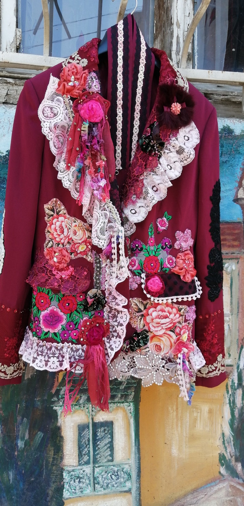 Artsy Boho Chic Dark Red Jacket, Vintage Reworked Jacket, Bohemian ...