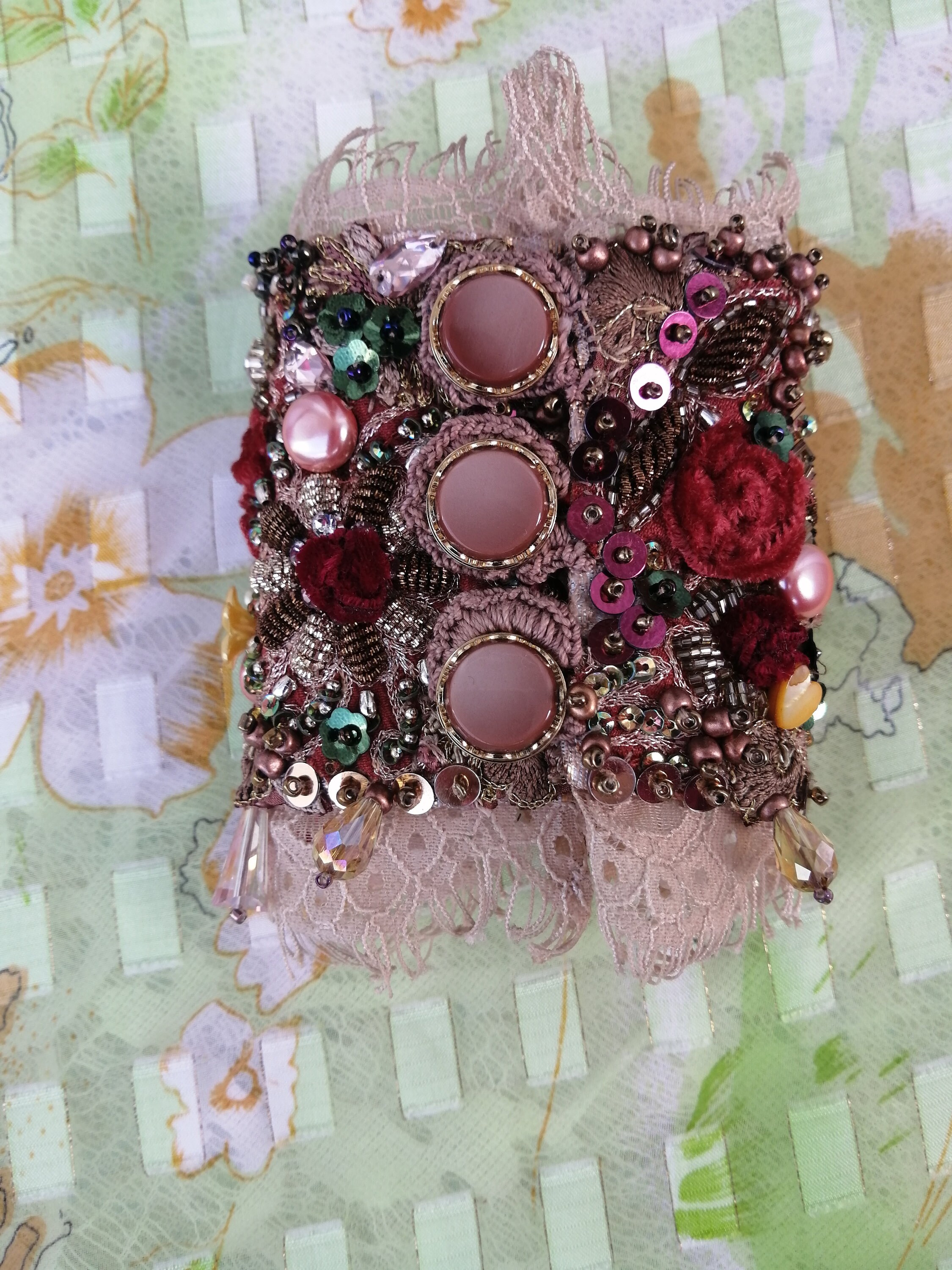 Boho Wrist Cuff, Artsy Embroidered Wrist Wrap, Wrist Cuff With Recycled Textiles, Beading and ...